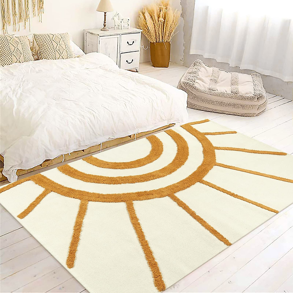 OJIA Boho Area Rug 4' X 6', Tufted Living Room Rug Cotton Woven Machine Washable Rugs Beige Bedroom Rug, Farmhouse Tribal Floor Carpet Accent Rugs for Nursery Room/Dining Room