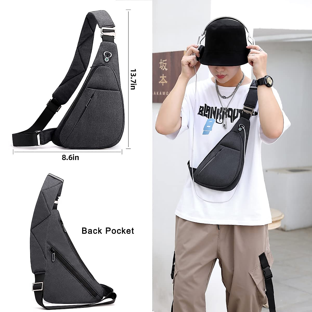Sling Bag Slim Waterproof Shoulder Backpack For Travel Hiking Anti-Thief Crossbody Chest Daypack Personal Pocket Bag (Black for Right Hand User)
