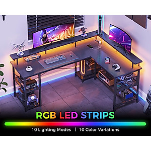 ODK 66" L Shaped Gaming Desk with Power Outlet and LED Lights, PC Gaming Table with Carbon Fiber Texture, Reversible L Shape Desk with Storage Shelves & Monitor Stand, Home Office Desk, Black