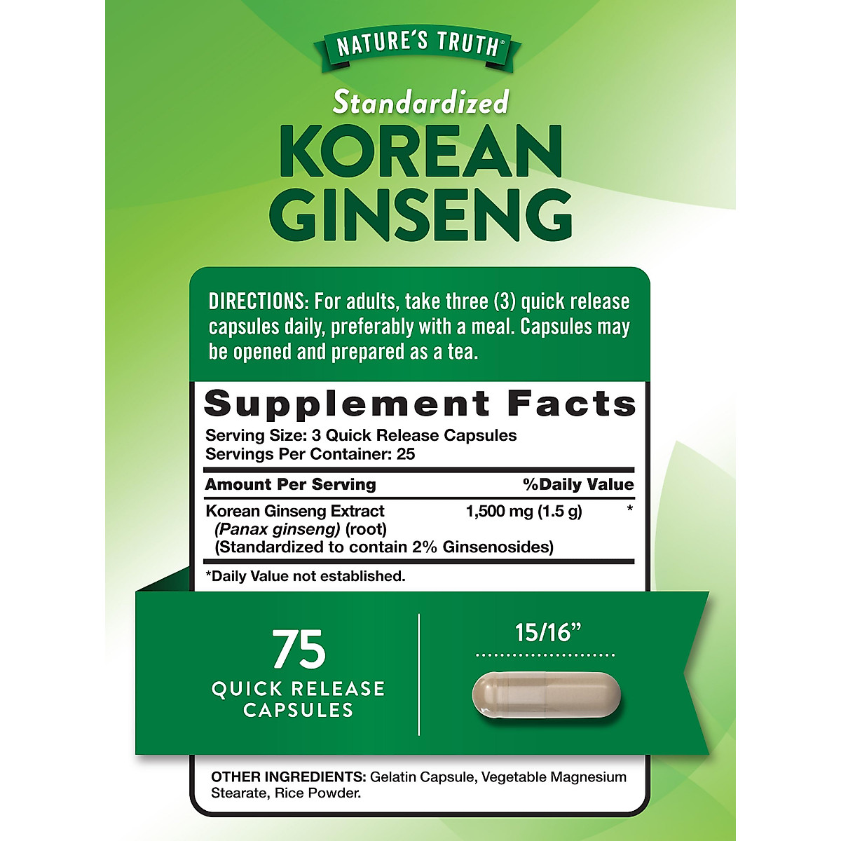 Nature's Truth Korean Ginseng Capsules | 75 Count | Standardized Extract from Ginseng Root | Non-GMO, Gluten Free Supplement