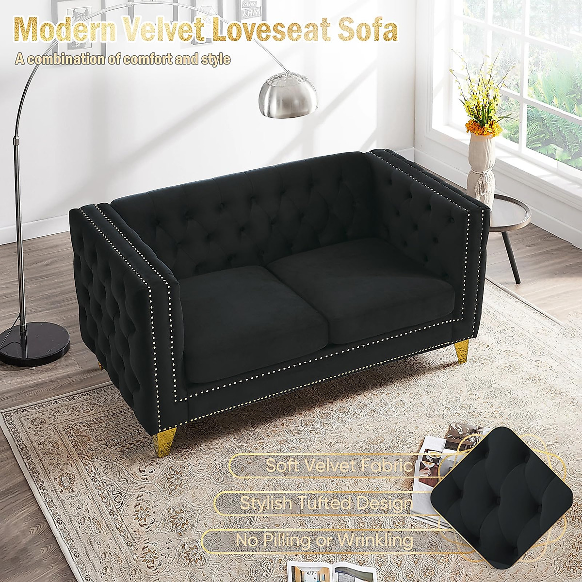 58-Inch Velvet Loveseat Sofa, Comfy Couch for Living Room, Modern Sofa with Tufted Back and Rivet Decoration, Upholstered Small Love Seat with Solid Golden Metal Tapered Legs, Black