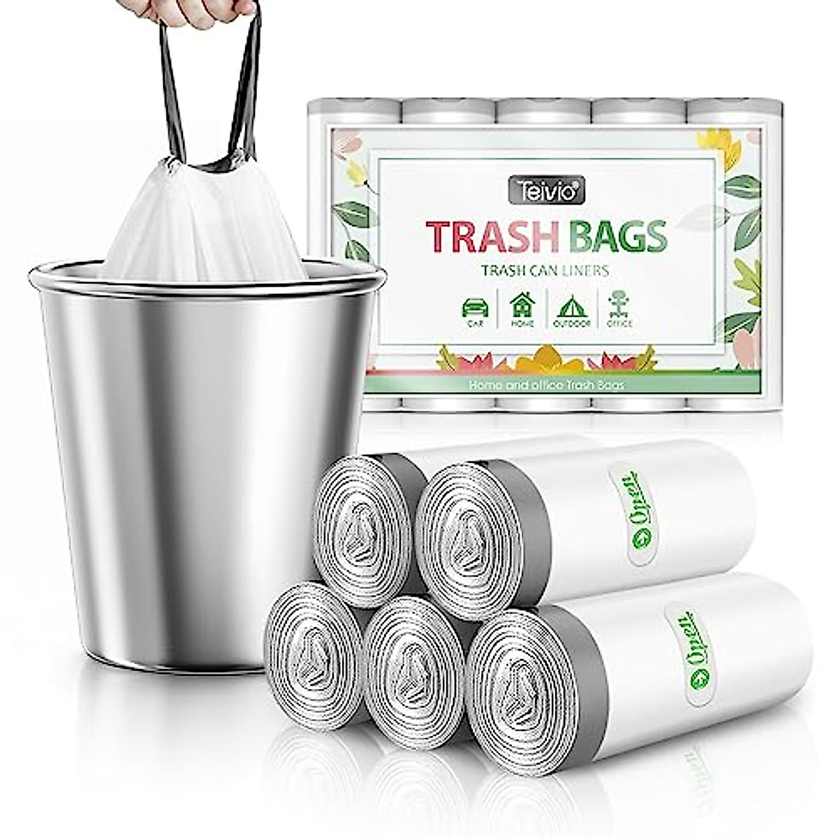 6 Gallon 100pcs Strong Drawstring Trash Bags Garbage Bags by Teivio, Bathroom Trash Can Bin Liners, Plastic Bags for home office kitchen, White
