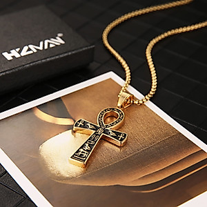 HZMAN Stainless Steel Large Ankh Cross Pendant Ancient Egyptian Hieroglyphic Symbol 22+2 Inch Chain (Gold-Small)