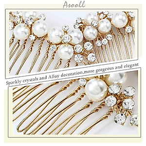 Asooll Gold Wedding Pearl Hair Comb Bride Crystal Headpiece Bridal Rhinestone Hair Clip Hair Accessories for Women and Girls (Set of 2) (A-Gold)