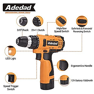 Adedad 12V Cordless Drill Set Electric Power Drill with 2 Batteries and Charger, 3/8 Inch Keyless Chuck, 300 In-lbs Torque, 21+1 Position, 2 Variable Speed, LED Light and 43pcs Accessories