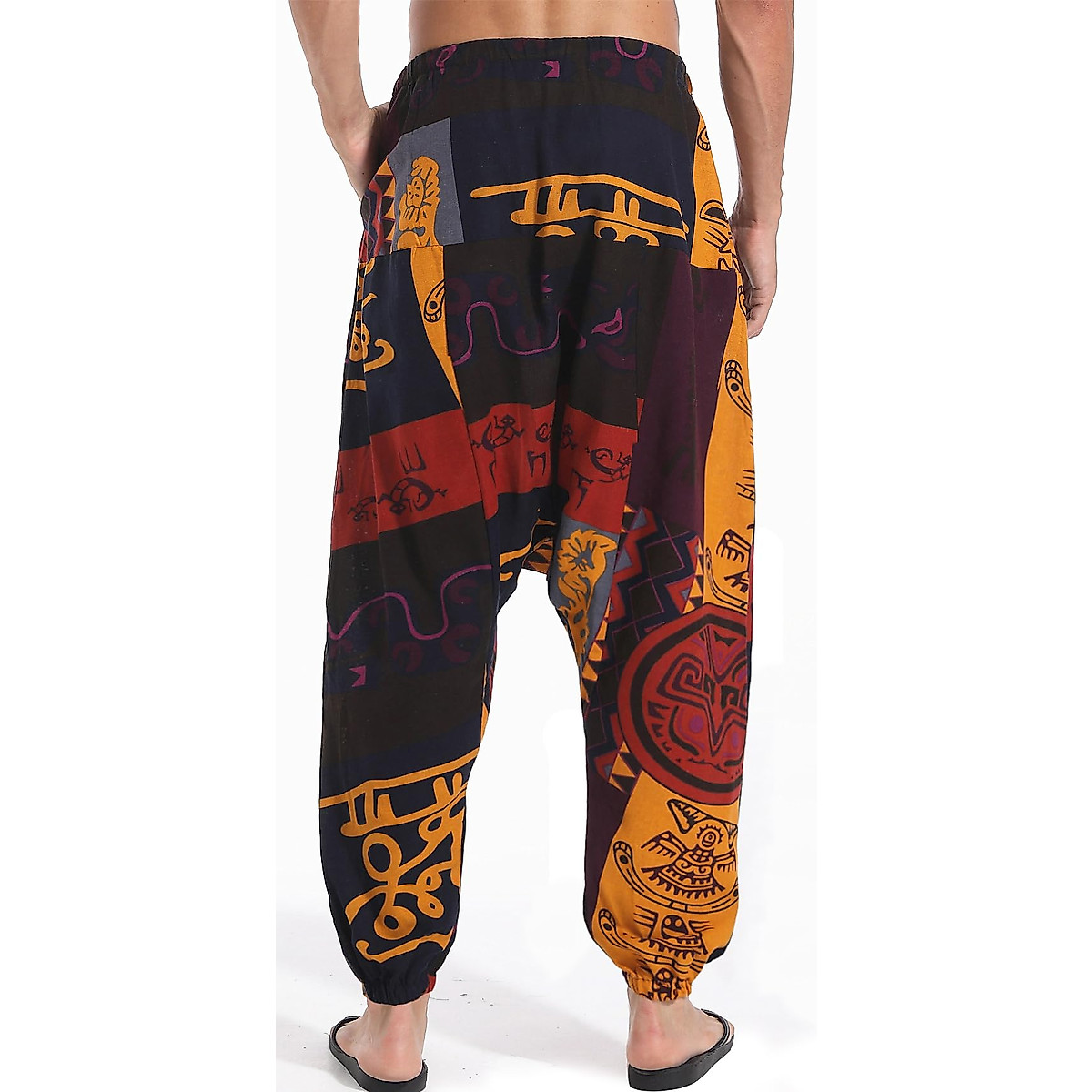 perdontoo Men Women's Harem Pants Drawstring Elastic Waist Aladdin Boho Hippie Drop Crotch Trousers (38, Style 1)