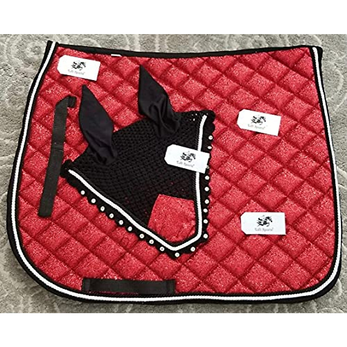 Glittery Shine Horse English Saddle Pad Set with Matching Fly Bonnet Set Ear Net Fly Veil (Rose Gold)