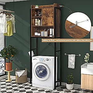 Iwell Over The Toilet Storage Cabinet, Tall Over Toilet Bathroom Organizer with Adjustable Shelf & Paper Hooks, Freestanding Bathroom Space Saver, 66.9''H, Rustic Brown