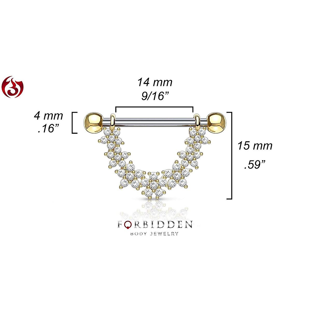 Forbidden Body Jewelry Pair of Surgical Steel 9/16 Inch CZ Flower Daisy Chain Dangle Nipple Barbells, Gold Tone