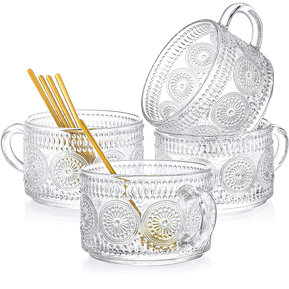 Kingrol 4 Pack 13 Ounces Glass Coffee Mugs with Spoons, Stackable Tea Cups, Vintage Drinking Glassware for Water, Milk, Iced Coffee, Beverage, Dessert