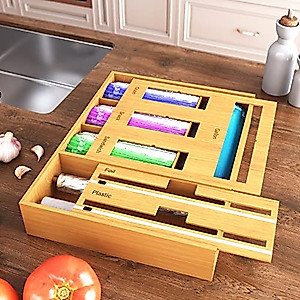 Home Deko BayMax Bamboo 3 in 1 Ziplock Bag Foil and Plastic Wrap Organizer with Cutter for Kitchen Drawer Countertop- Giant Aluminum Saran Dispenser, Large Gallon Snack Bags Storage, Tin Holder