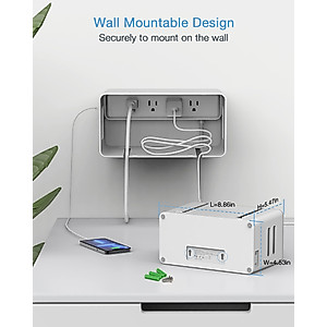 Power Strip with Cable Management Box, TESSAN 5 ft Flat Plug Extension Cord, 4 Outlets 2 USB Ports with Overload Switch, Mountable White Power Cord Organizer Charging Station for Dorm, Office, Home