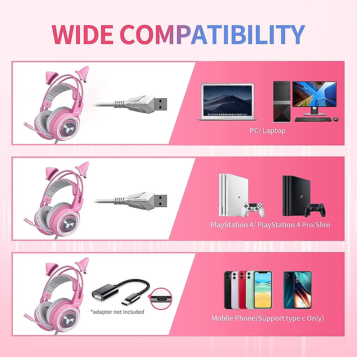 SOMIC 2 Pack Cat Headset, G951s Balck Stereo Gaming Headset with Mic for PS4, PC, Xbox One & G951 Pink Gaming Headset with Brethable LED Light for Girls, Women