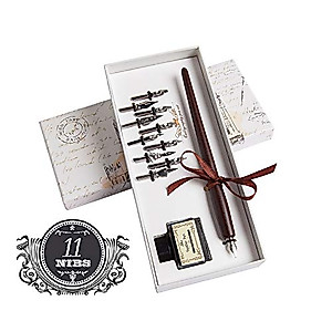 Hethrone Wooden Dip Pen Handcrafted Calligraphy Set with 11 Nibs & Black Ink 
