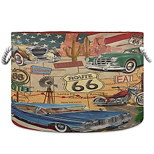 visesunny Storage Basket Vintage Route 66 Pattern Nursery Hamper Canvas Fabric Toy Storage Organizer Bin Storage Box Laundry Basket for Kid Rooms,Playroom,Shelves,Toy Basket,Gift Basket