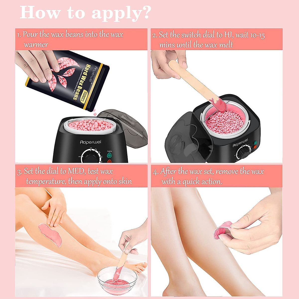 Auperwel Painless Hard Wax Beans for Hair Removal, 10.5oz Upgraded Formula for Face, Eyebrow, Brazilian Bikini with 10 Applicators (3 Rose)