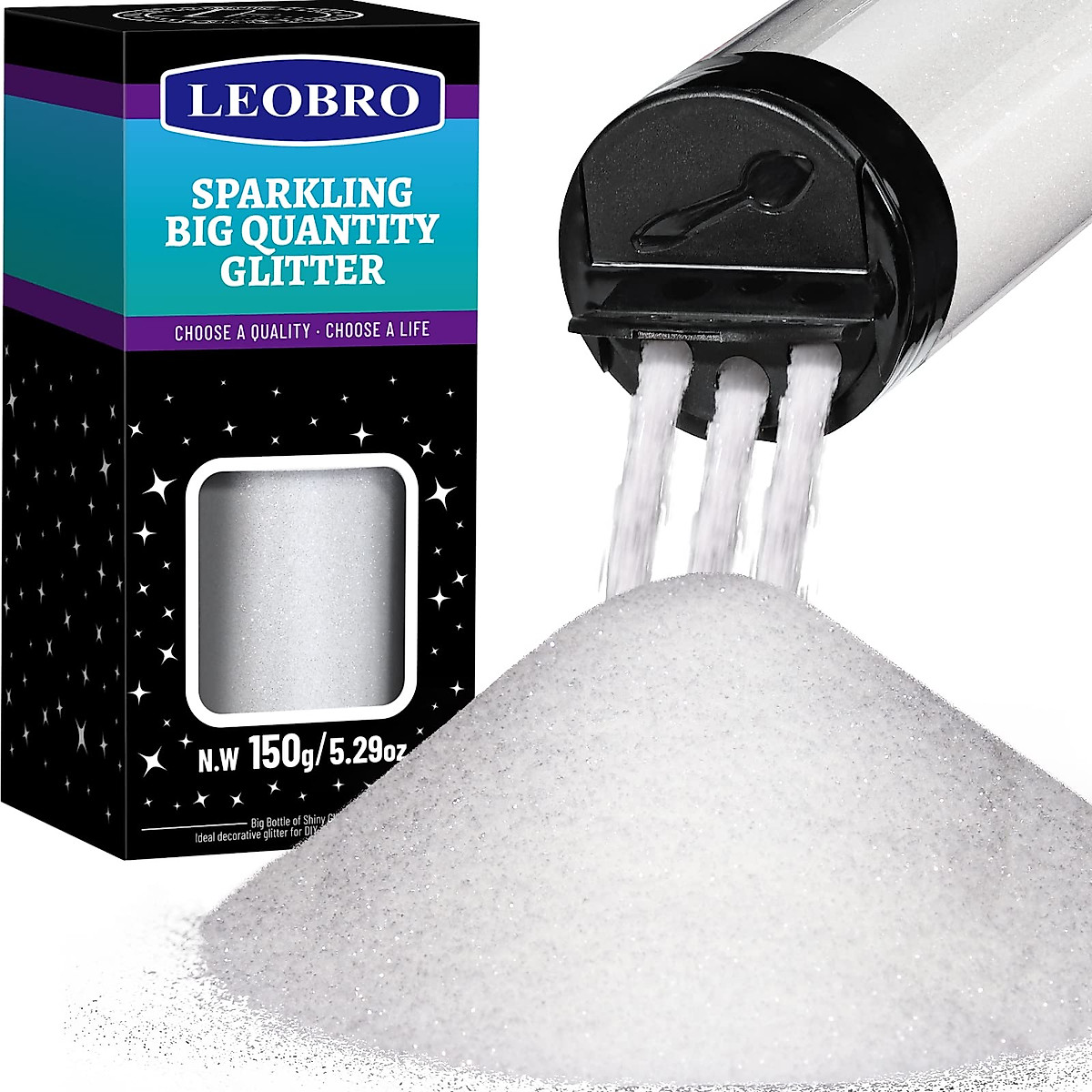LEOBRO White Glitter, Glitter, 150g/5.29oz White Fine Glitter, Extra Fine Glitter Powder, Clear Glitter, Craft Glitter for Resin Arts Crafts Tumbler Body, Festival Glitter for Christmas Decor