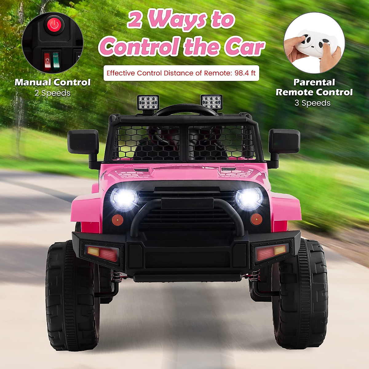 Costzon Ride on Car, 12V Battery Powered Electric Vehicle w/Parent Remote Control, Spring Suspension, Storage, 3 Speeds, LED Light, MP3, Music, USB & AUX Port, Safety Belt, Kids 4 Wheeler Truck, Pink