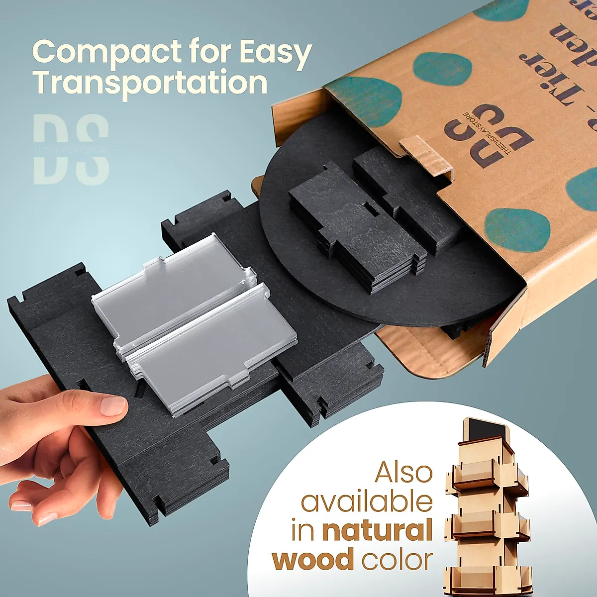 DS THE DISPLAY STORE 3 Tier Rotating Sticker Display Stand for Vendors, Black Wooden Countertop Organizer Shelf for Coasters, Retail, Showcase, Tradeshow