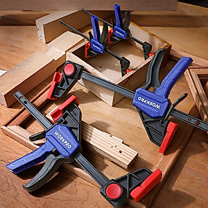 WORKPRO Mini Bar Clamps for Woodworking, 6"(2) and 4-1/2"(2), 4-Piece One-Handed Clamp/Spreader, Light-Duty Quick-Change F Clamp with 150lbs Load Limit Blue