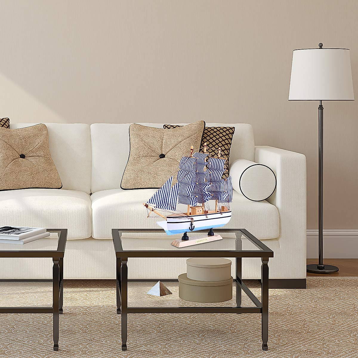 VOSAREA Wood Sailboat Model Blue Ship Figurine 3D Assembling Building Table Ornaments for Home Office Shelf Nautical Decoration Christmas Favors