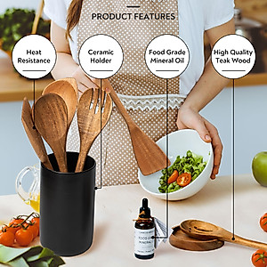 Lanzo Design Kitchen Utensil Set, 8 pcs Wooden Cooking Utensils Spatula Set with Ceramic Holder (Black Holder)