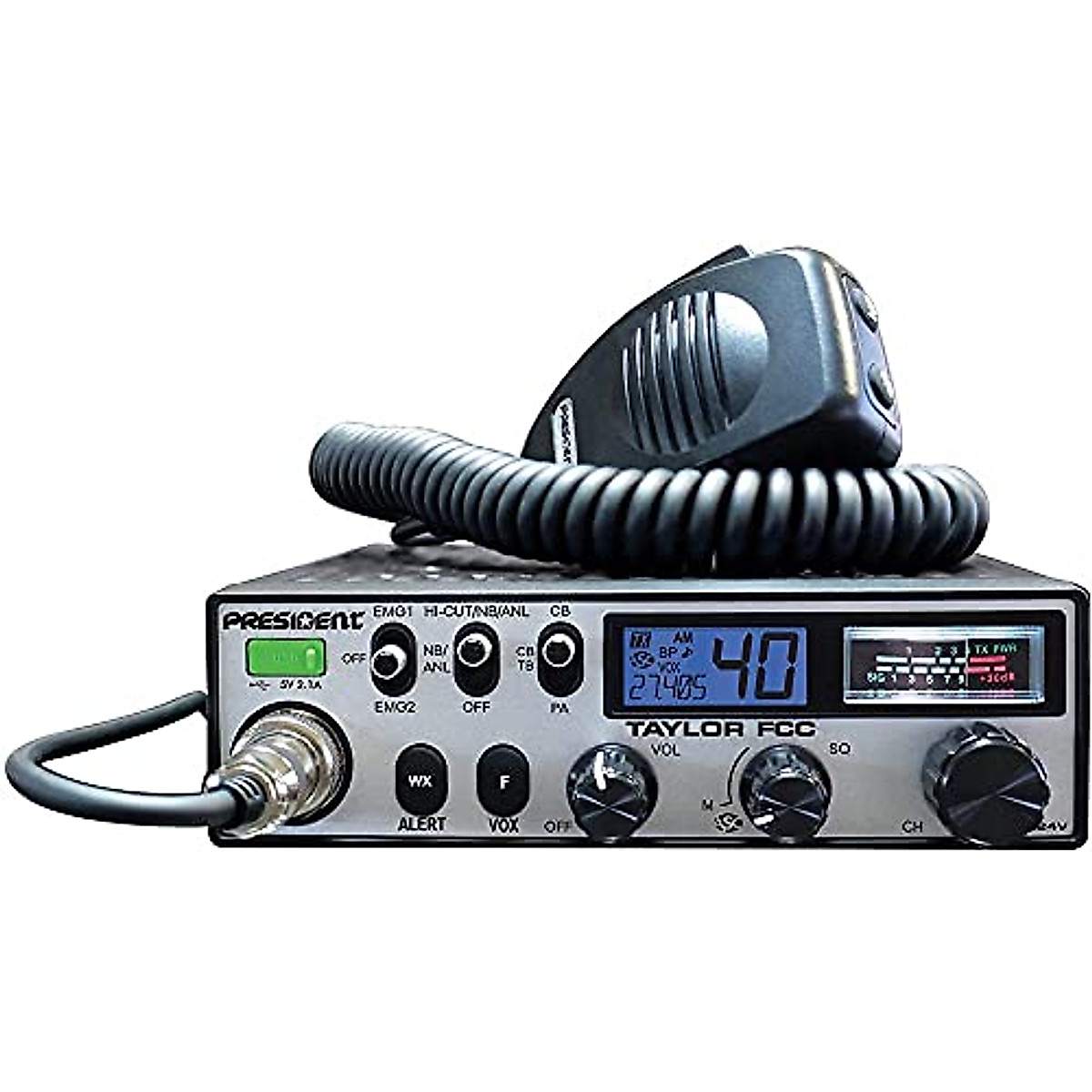 President Taylor FCC, 12/24V CB Radio, 40 Channels AM, Up/down Channel Selector, Volume Adjustment and ON/OFF, Multi-Functions LCD Display, S/RF Vu-Meter, Beep Function, EMG Programmable, Talkback