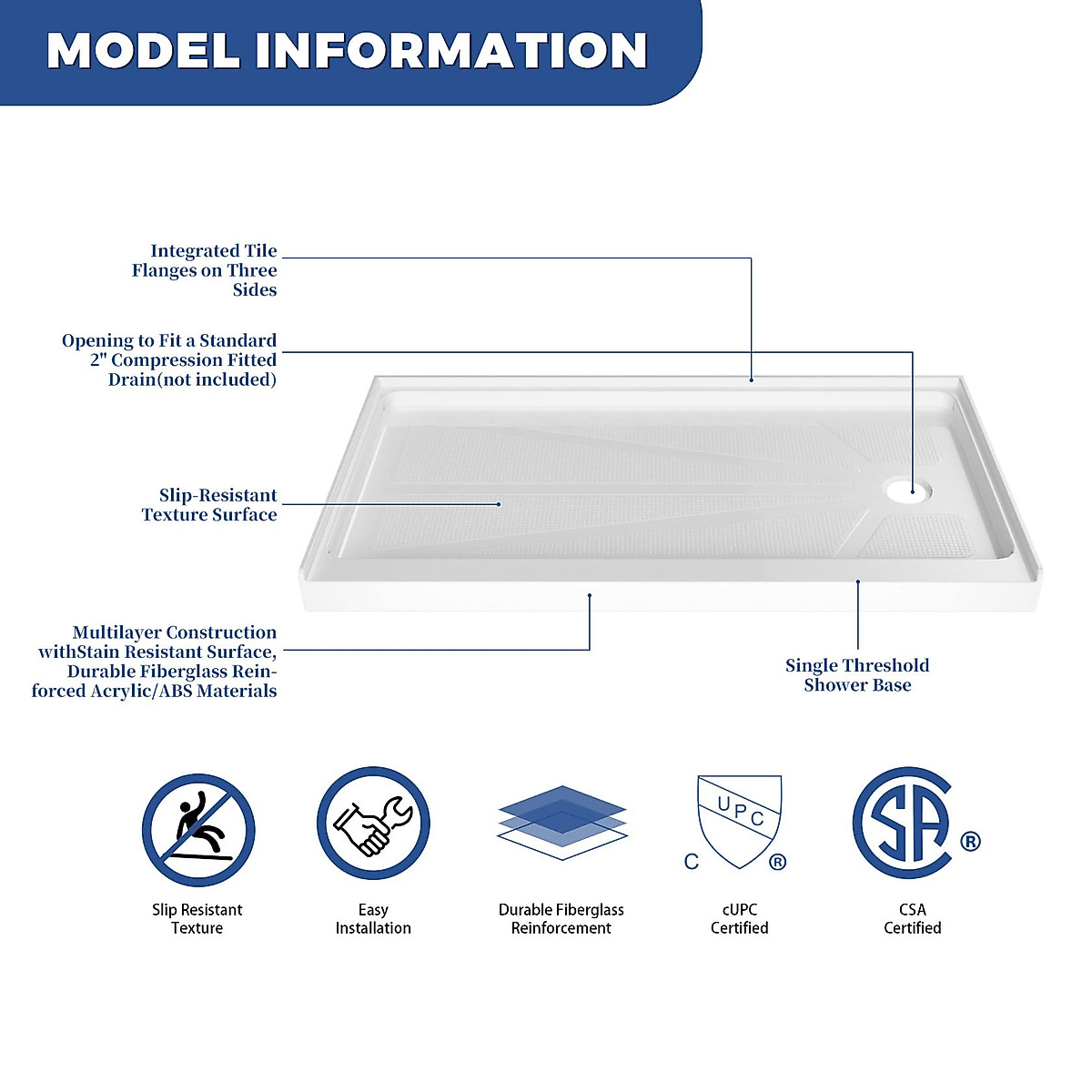 CKB 60 in. L x 30 in. W Right Drain Shower Base, Single Threshold Shower Pan with Slip Resistant Textured Surface, White