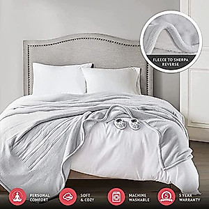 Serta Reversible Fleece to Sherpa Electric Blanket Fast Heating Soft Cover, Safety Auto Shut Off Timer, Low EMF, Multi Heat Setting, ETL Certified, Machine Washable, Smoke Grey King (90 in x 100 in)