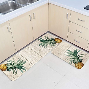Anti Fatigue Kitchen Floor Rug Set 2 Piece Non-Slip Waterproof Kitchen Rugs Bath Mat Doormat Area Rug Floor Mat for Indoor Home Office Use,Pineapple on a Wooden Board 19.7x31.5in+19.7x47.2in