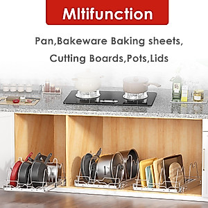 BONADOM 1 Tier Pull Out Pot and Pan Organizer Under Cabinet Kitchen, Slide Out Cookie Shelf Cutting Board Bakeware and lids Tray Storage 11''W x 21''D x 8.5''H- Sliding Pan and Pots Lid Holder