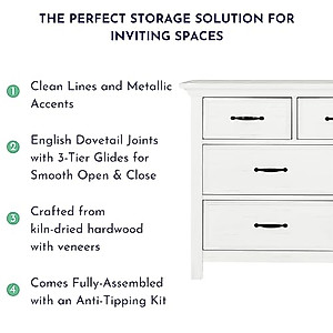 Evolur Belmar Double Dresser in Weathered White, Comes Assembled, Included Anti-Tip Kit, Seven Spacious Drawers, Dresser For Nursery, Bedroom, Wooden Nursery Furniture