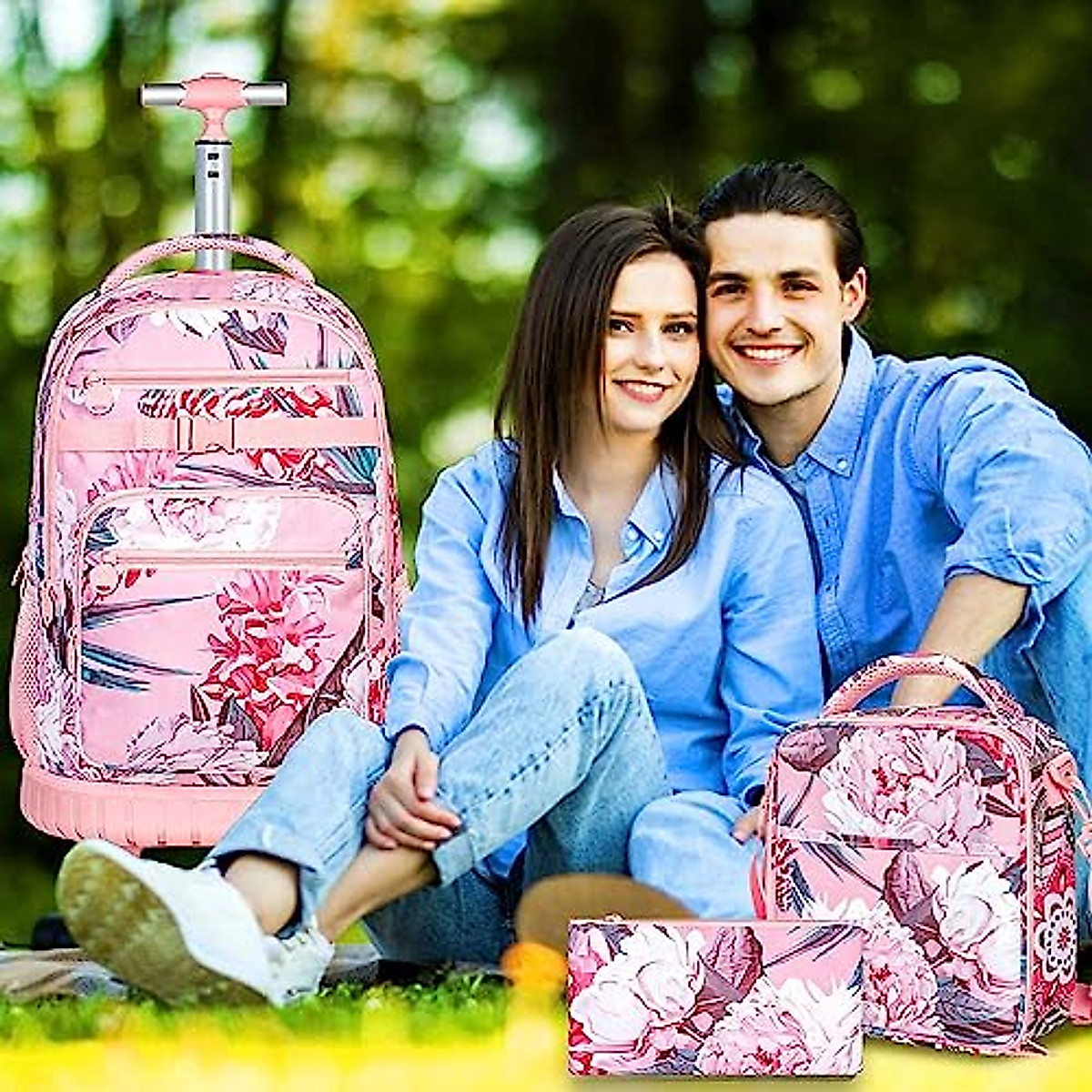 FTJCF 3pcs Rolling Backpack for Women, 21 Inche Adult Bag with Roller Wheels, Wheeled Bookbag Set for Girls - Pink