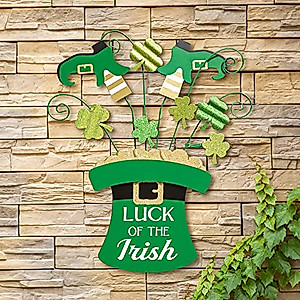 Glitzhome 31.5"H St. Patrick's Leprechaun Belt Yard Signs with Stakes, Wooden Door Wall Hanging Decor Interchangeable for Home Party Yard Lawn Patio Outdoor