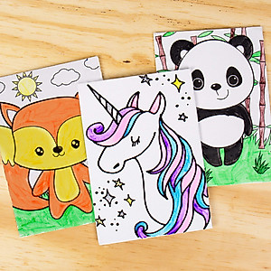 Horizon Group USA Pre-Printed Canvas & Paint Art Set, 3-Pack, 5x7 Canvas Panels, 12 Tempera Paints, 6 Easy-Grip Assorted Paintbrushes for Paint Projects, Panda, Fox & Glitter Unicorn.