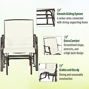 Outsunny 3 Piece Outdoor Glider Chair with Coffee Table Bistro Set, 2 Patio Rocking Swing Chairs with Breathable Sling Fabric, Glass Tabletop, for Backyard, Garden and Porch, Cream White