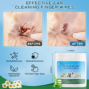 Dog Ear Finger Wipes,Pet Cleaning Ear Wipes for Dogs Cats,Natural Gently Removes Dirt&Odor,Soothes&Deodorizes-Relieve Ear Itching&Inflammation,Fresh Scent Easy Pet Ear Wipes (50)