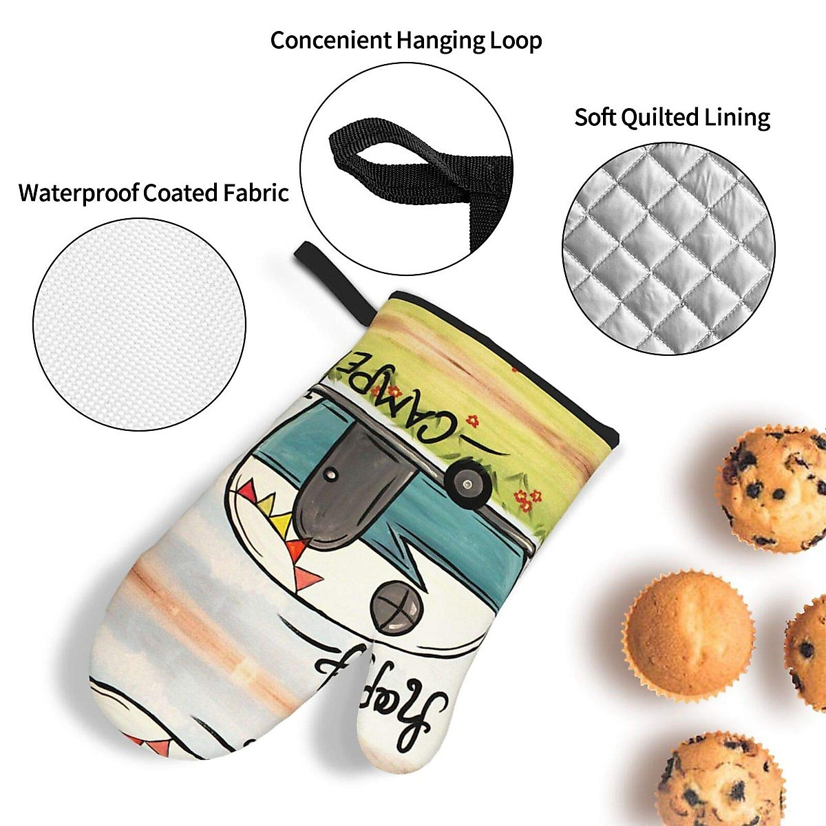 Happy Camper Oven Mitts and Pot Holders Sets of 4,Resistant Hot Pads with Polyester Non-Slip BBQ Gloves for Kitchen,Cooking,Baking,Grilling