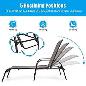 COSTWAY Outdoor Patio Lounge Chair Chaise Fabric Adjustable Reclining Armrest Pool Brown