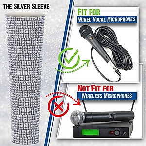RhymKawa B58 Silver Mic Handle Sleeve Replacement Fit for Most Wired Vocal Microphones and SM58LC, Beta 58A, Rhinestones Cover Shining on Tours & TV Shows (MIC NOT Included)
