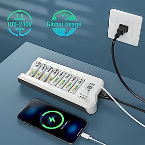 EBL AA AAA Battery Charger, 8 Slot Independent Charger for NiMH NiCD Rechargeable Batteries with 2 USB Fast Charging Ports