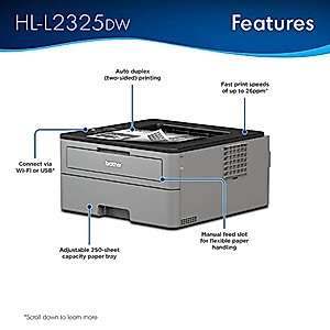 Brother HL-L23 Series Compact Monochrome Laser Printer, Print Copy Scan, 26 ppm, Wireless I Mobile Printing, Duplex Printing, Auto 2-Sided Printing, 250-sheet, with MTC Printer Cable