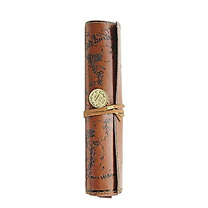 Canvas Leather Pencil Bag Roll,Vintage Treasure Map Pattern Pen Case Holder Organizer,Soft Wrap Bag Stationery Makeup Pouch Roll Up Style (Brown)