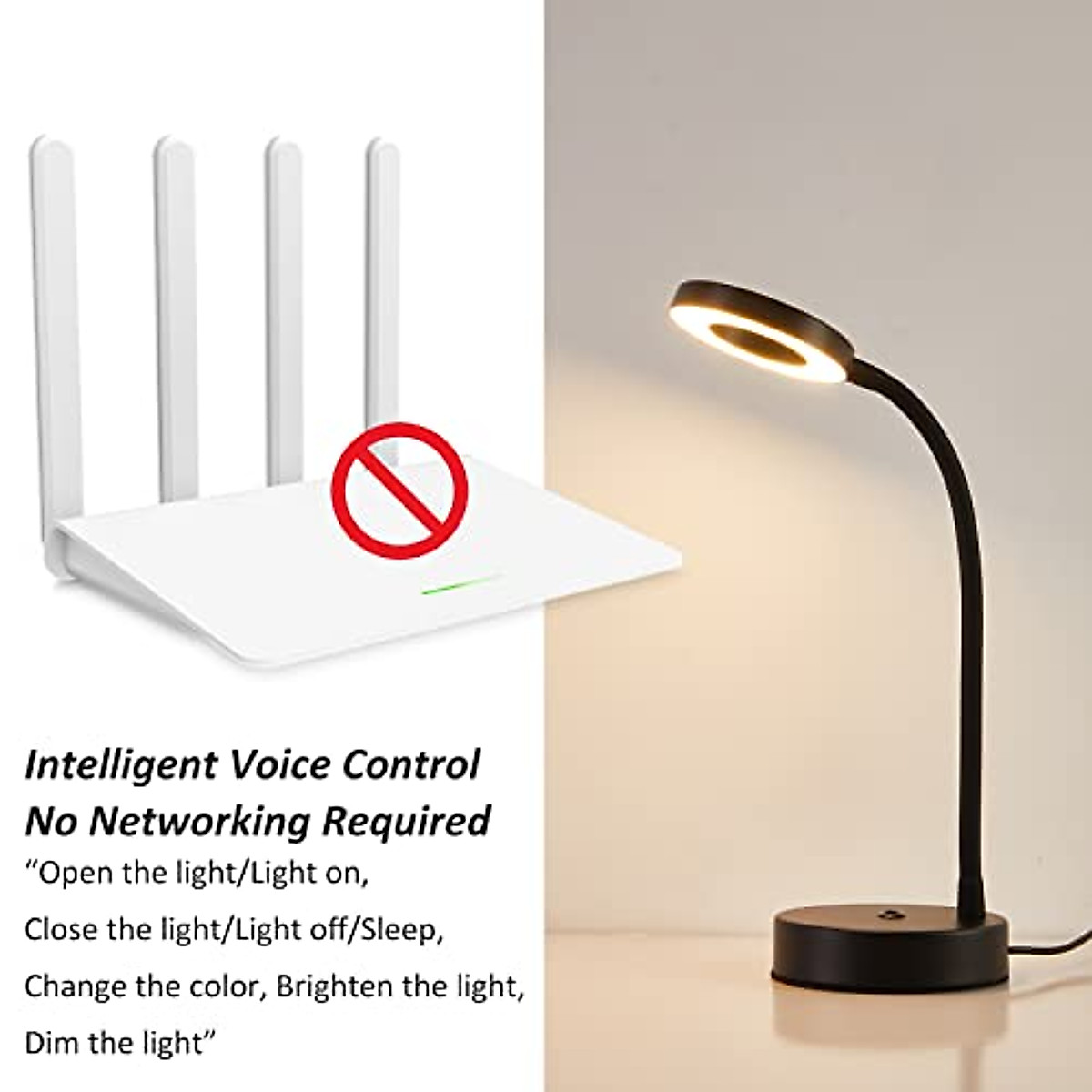 Chener Smart Voice Control Desk Lamp, Hand Free No Networking Required, Warm/Day/Cool White 3 Lighting 5 Brightness USB+AC Dimmable Desk Light, Eyes Care Flexible Gooseneck Table Lamp Night Light