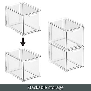 mDesign Plastic Closet Organizer Bin w/Pull Out Drawer - Slim Stackable Storage for Closet - Organization for Accessories, Bags, Totes, Small Linens, and More - Lumiere Collection - 2 Pack - Clear