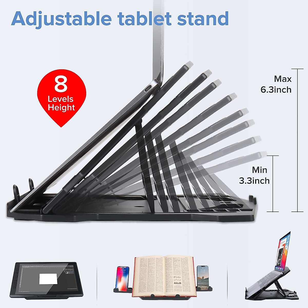 𝐋𝐩𝐨𝐚𝐤𝐞 Laptop Stand for Desk, Tablet Stand Holder, Adjustable Computer Stand for Laptop with 2 Phone Holders 8 Viewing Angles Compatible for 8"-18" iPad Laptop Kindle Surface Pro Book E-Reader