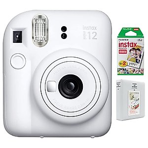 Fujifilm 16806274 Instax Mini 12 Instant Camera, Clay White Bundle with Instax Mini Twin Pack Picture Format Instant Daylight Film (20 Shots) and Deco Essentials 2" x 3" White 64 Page Photo Album