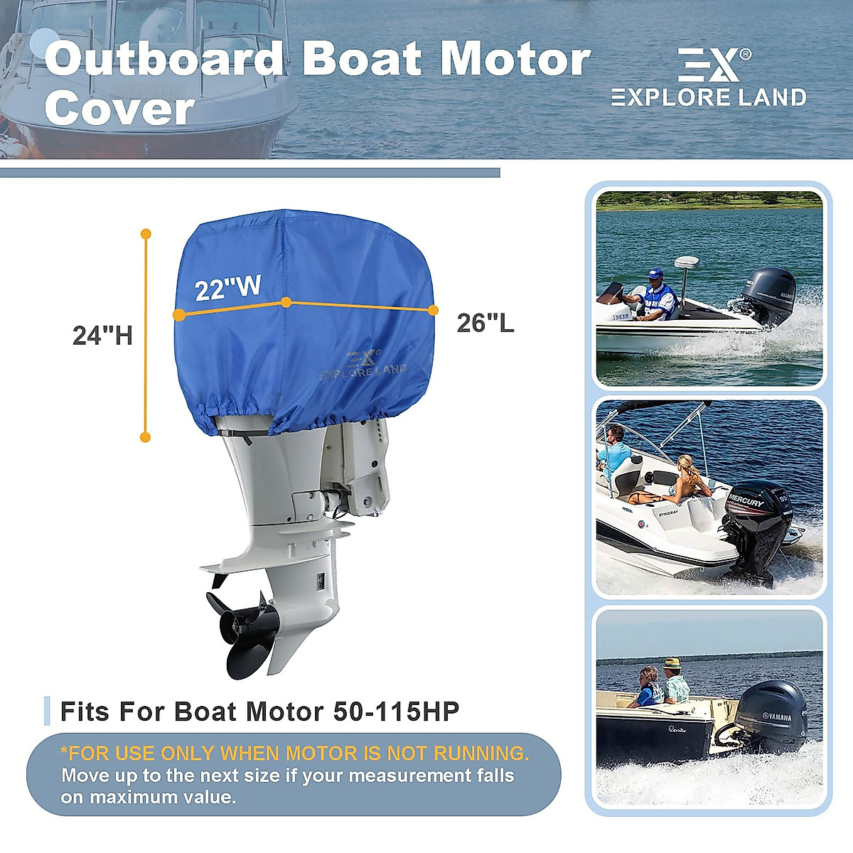 Explore Land Outboard Motor Cover - Waterproof 600D Heavy Duty Boat Engine Hood Covers - Fit for Motor 50-115 HP, Blue