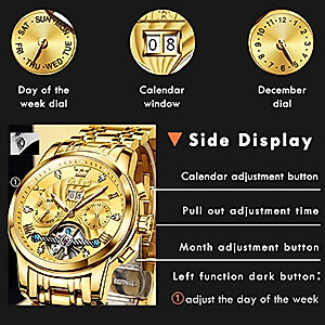 OLEVS Mens Automatic Mechanical Watch Gold Stainless Steel Skeleton Tourbillon Self Winding Luxury Business Dress Date Diamond Wrist Watches Waterproof Luminous