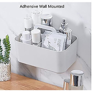 Jucoan 2 Pack Plastic Portable Storage Organizer Caddy Tote, Stackable 5 Slots Divided Basket Bin, Wall Mounted Makeup Organizer Caddy for Bathroom, Dorm Room (Beige, 9.5X 5.75 x4.5 Inch)